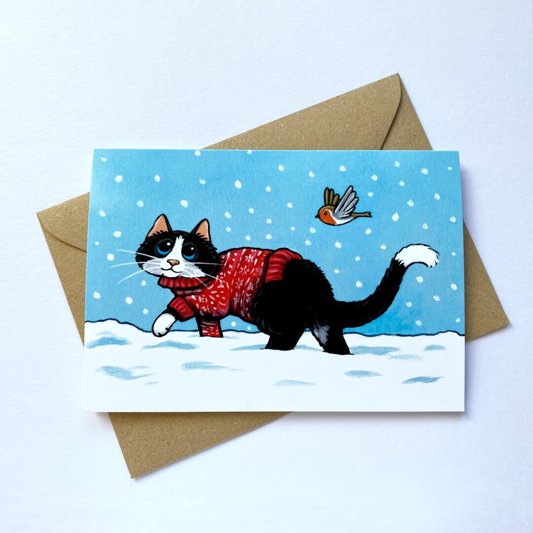 Tuxedo Cat & Robin Winter Snow Christmas Greeting Cards, Blank Inside ...