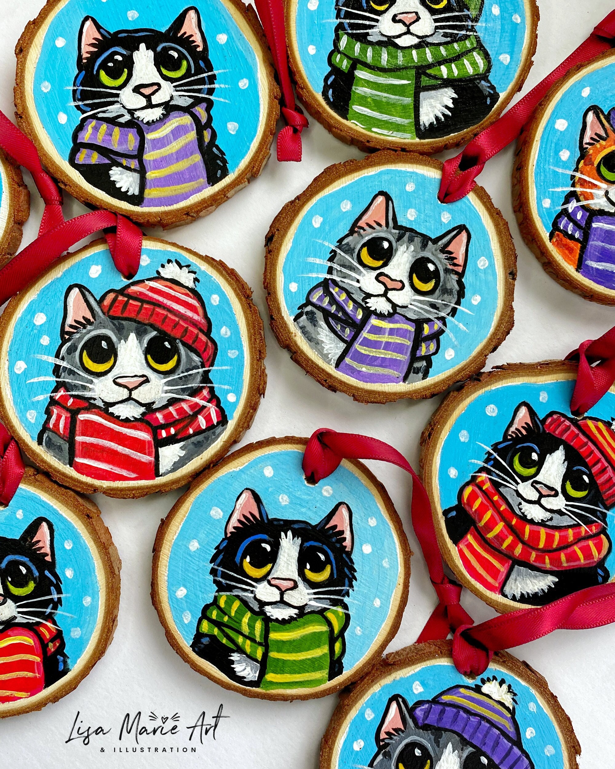 Winter Cats Hat & Scarf Tree Decorations, Hand Painted Rustic Wood ...
