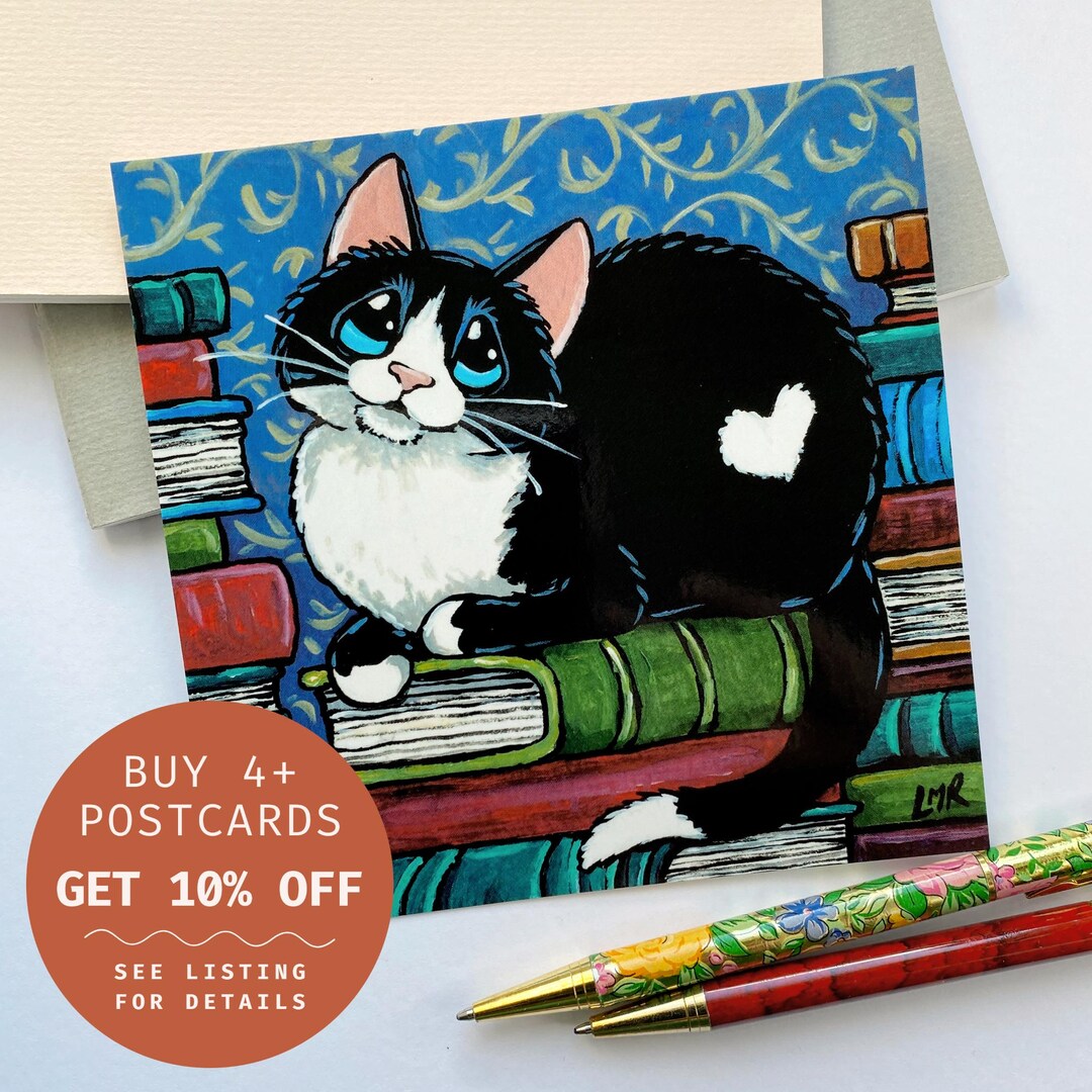 Bibliophile Tuxedo Cat Postcard, Black & White Cat on a Stack of Books ...