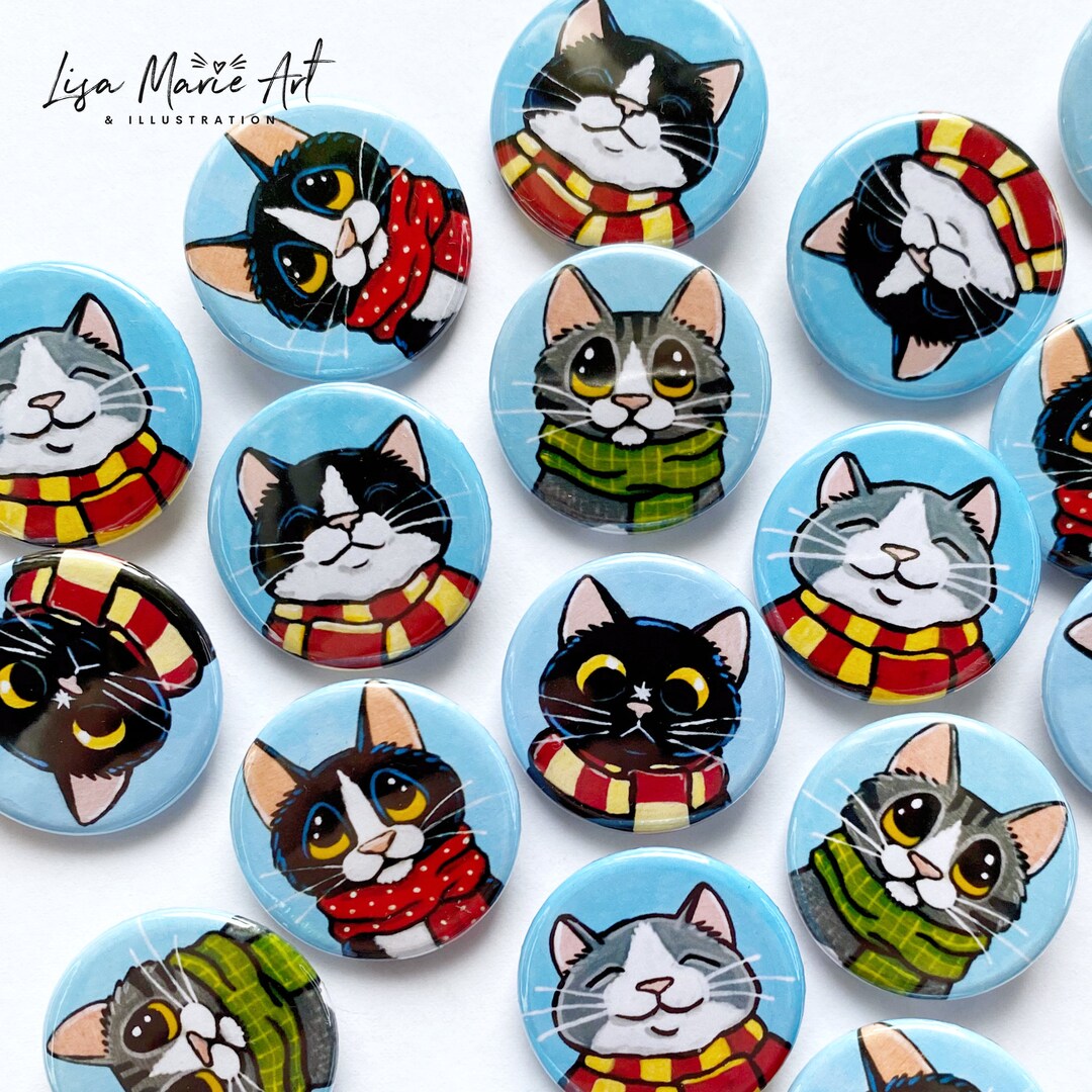 Scarf Wearing Cats, Cat Art Button Badges, Winter Cats, 25mm, 5 Designs ...