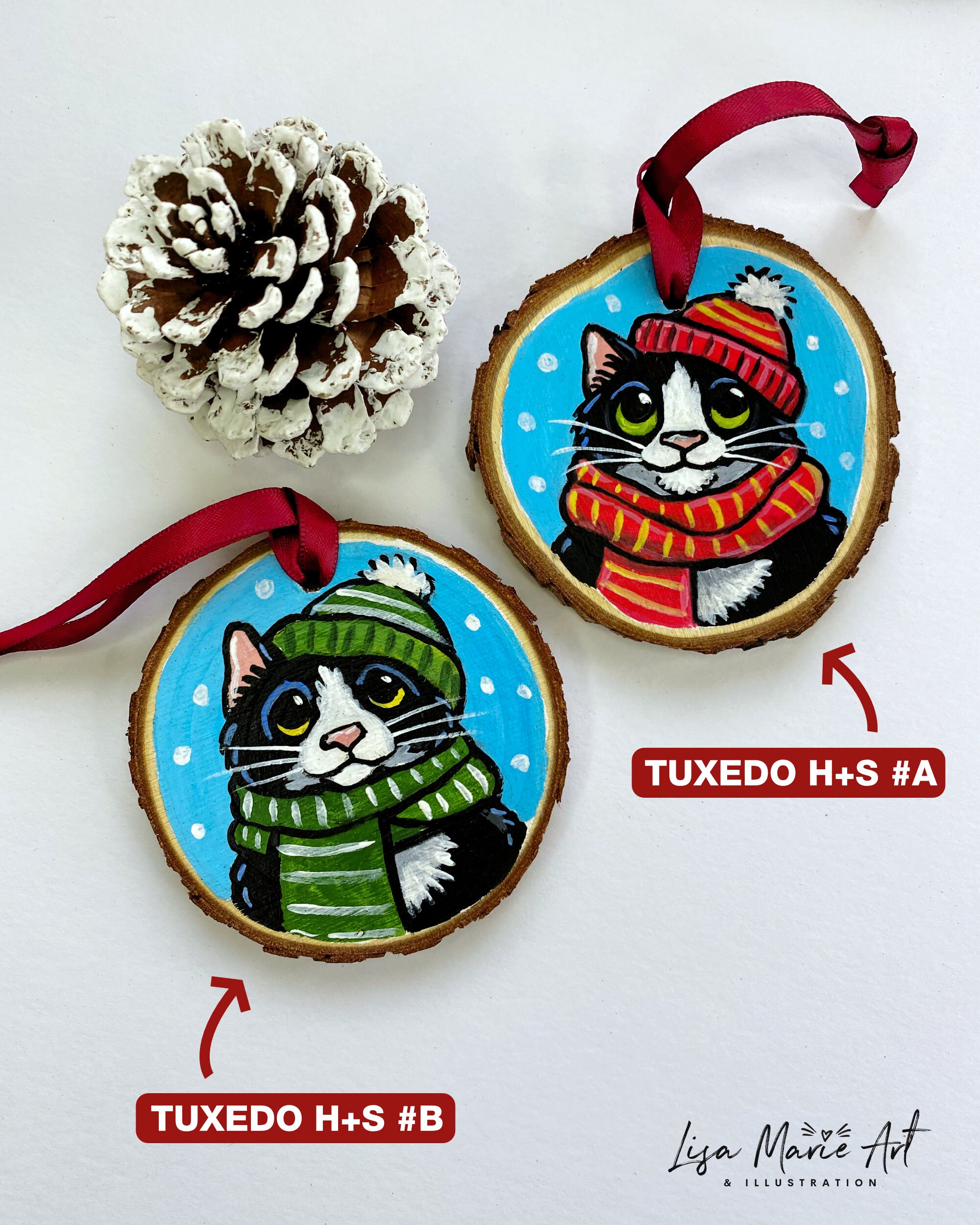Winter Cats Hat & Scarf Tree Decorations, Hand Painted Rustic Wood ...
