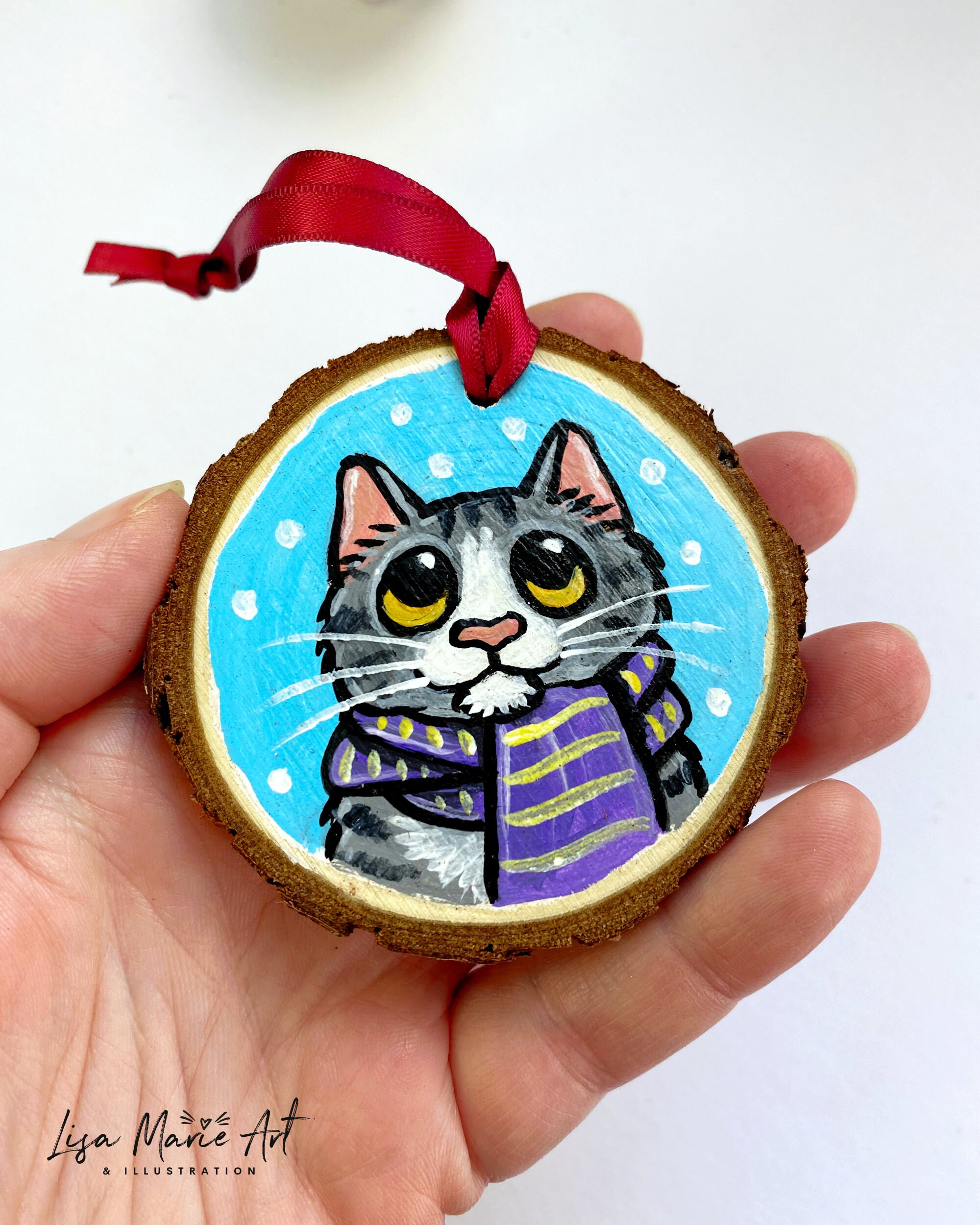 Winter Cats Hat & Scarf Tree Decorations, Hand Painted Rustic Wood ...