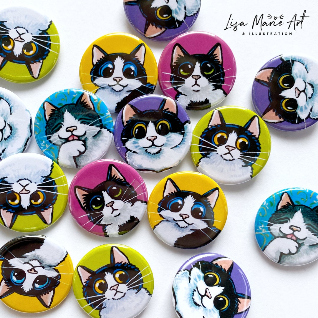 Cute Cat Art Button Badges, Black & White Cats, 25mm, 5 Designs to ...