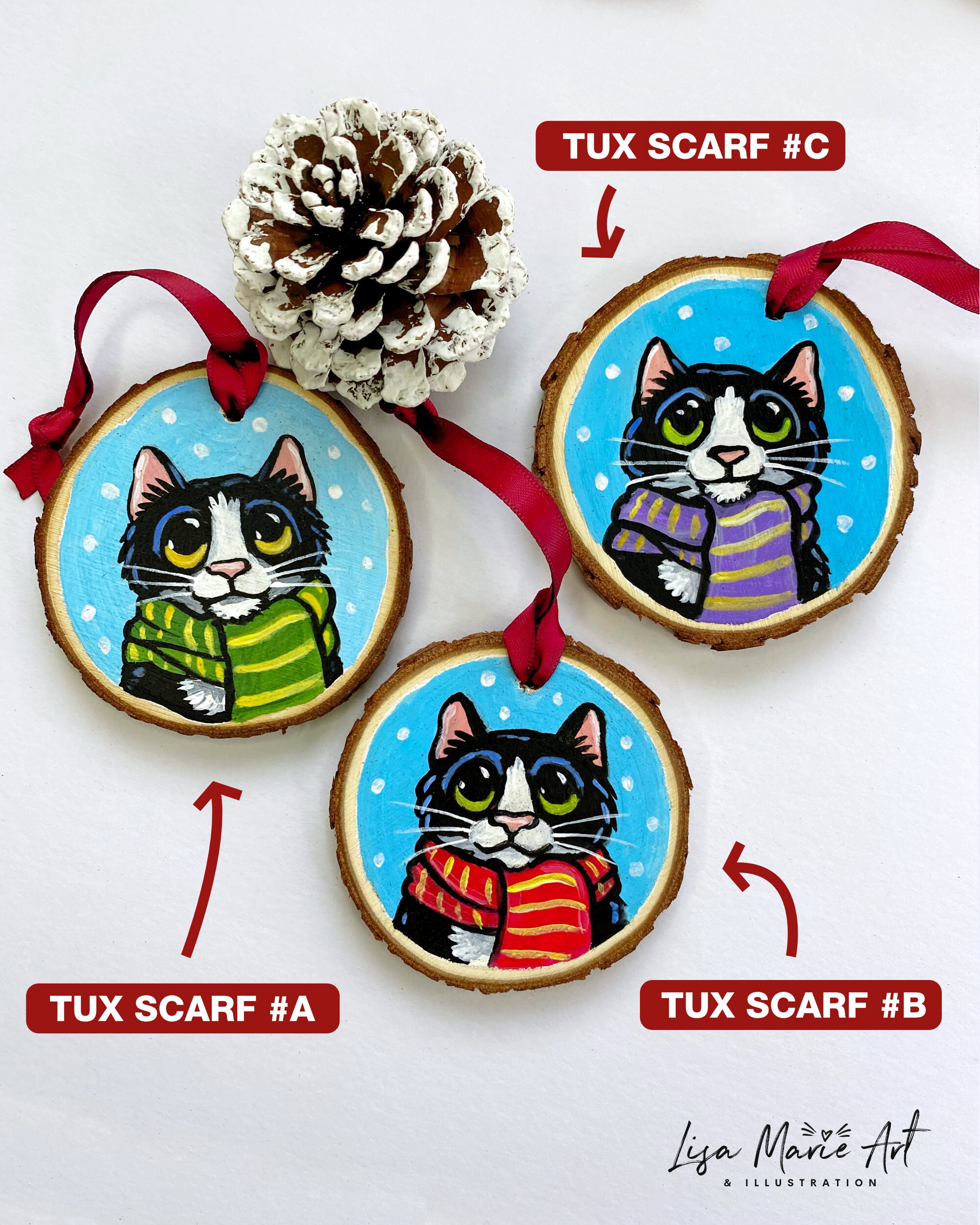 Winter Cats Hat & Scarf Tree Decorations, Hand Painted Rustic Wood ...
