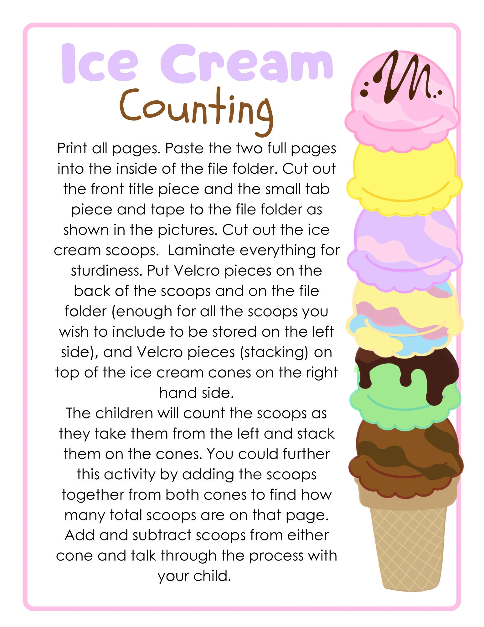 Counting Ice Cream File Folder Game for Preschool Homework and ...