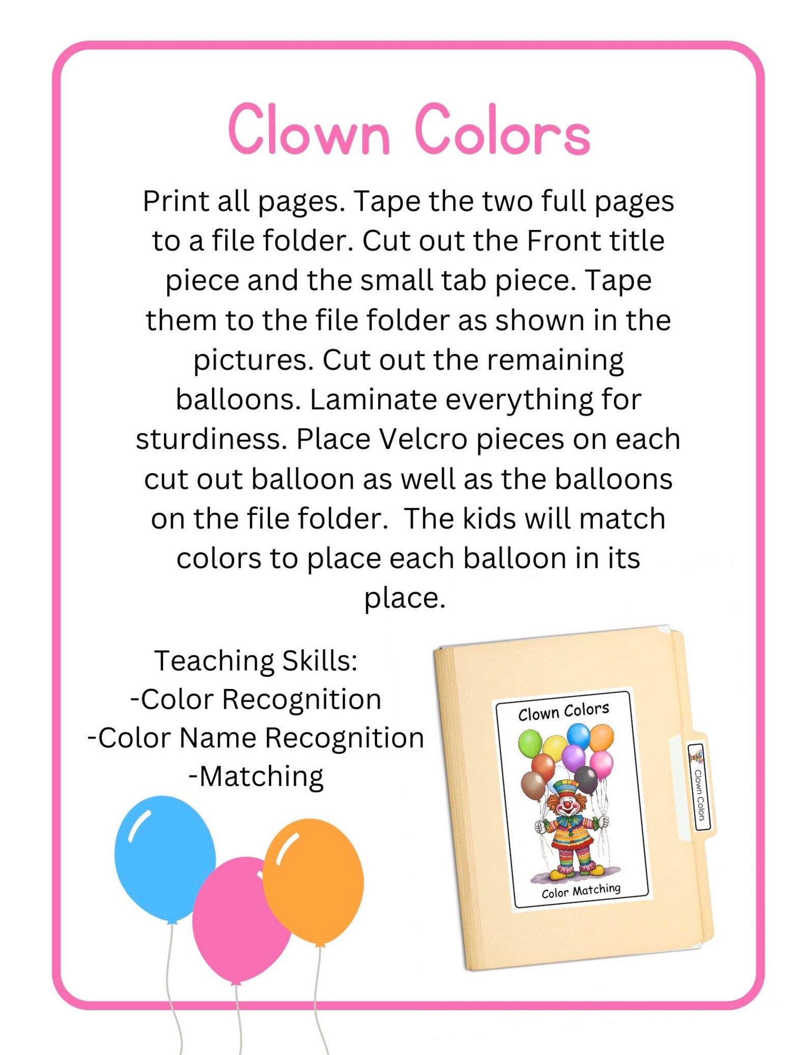 Colors Preschool File Folder Game for Color Name Recognition Preschool ...