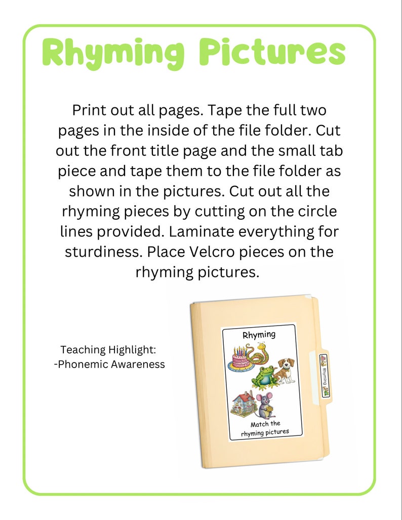 Rhyming Words File Folder Game: Preschool Phonemic Activity (digital ...