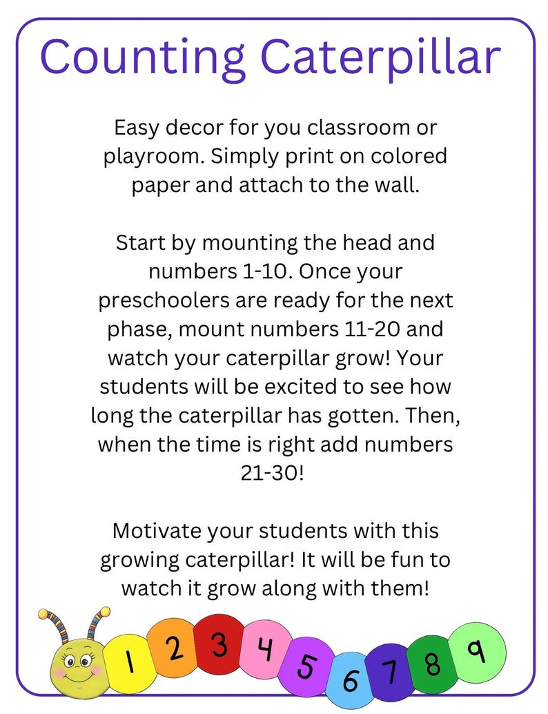 Caterpillar Number Classroom Decor: Counting 1-30 (digital Download) - Etsy