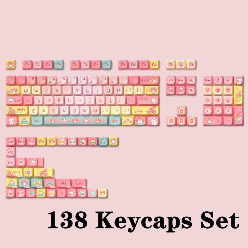 Cute Tulip Bear Keycaps Set, Pink Flower Keycaps Set, MDA Layout Artisan Keycaps, Mechanical ...