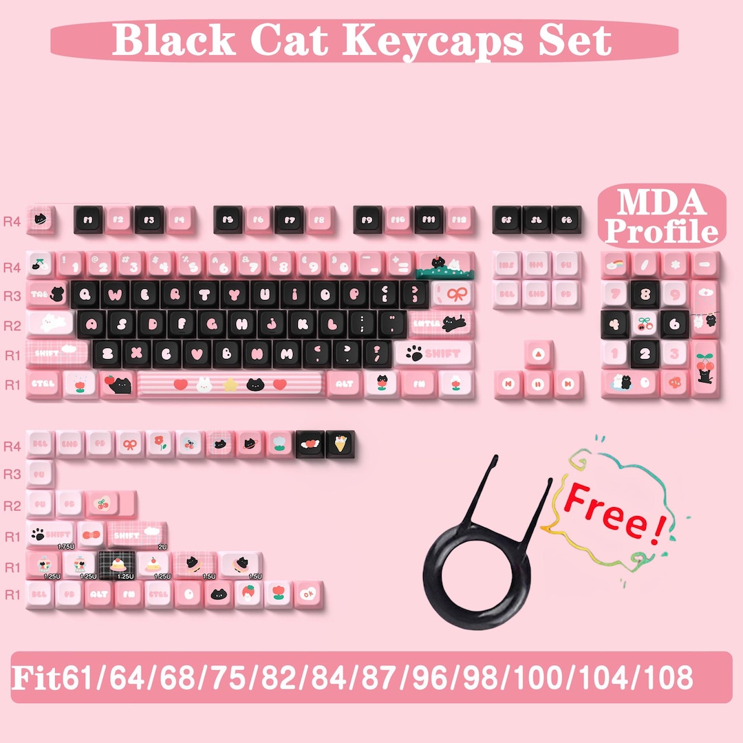 Cute Black Cat Keycaps Set, Black Pink Keycaps Set, MDA 138 Artisan ...