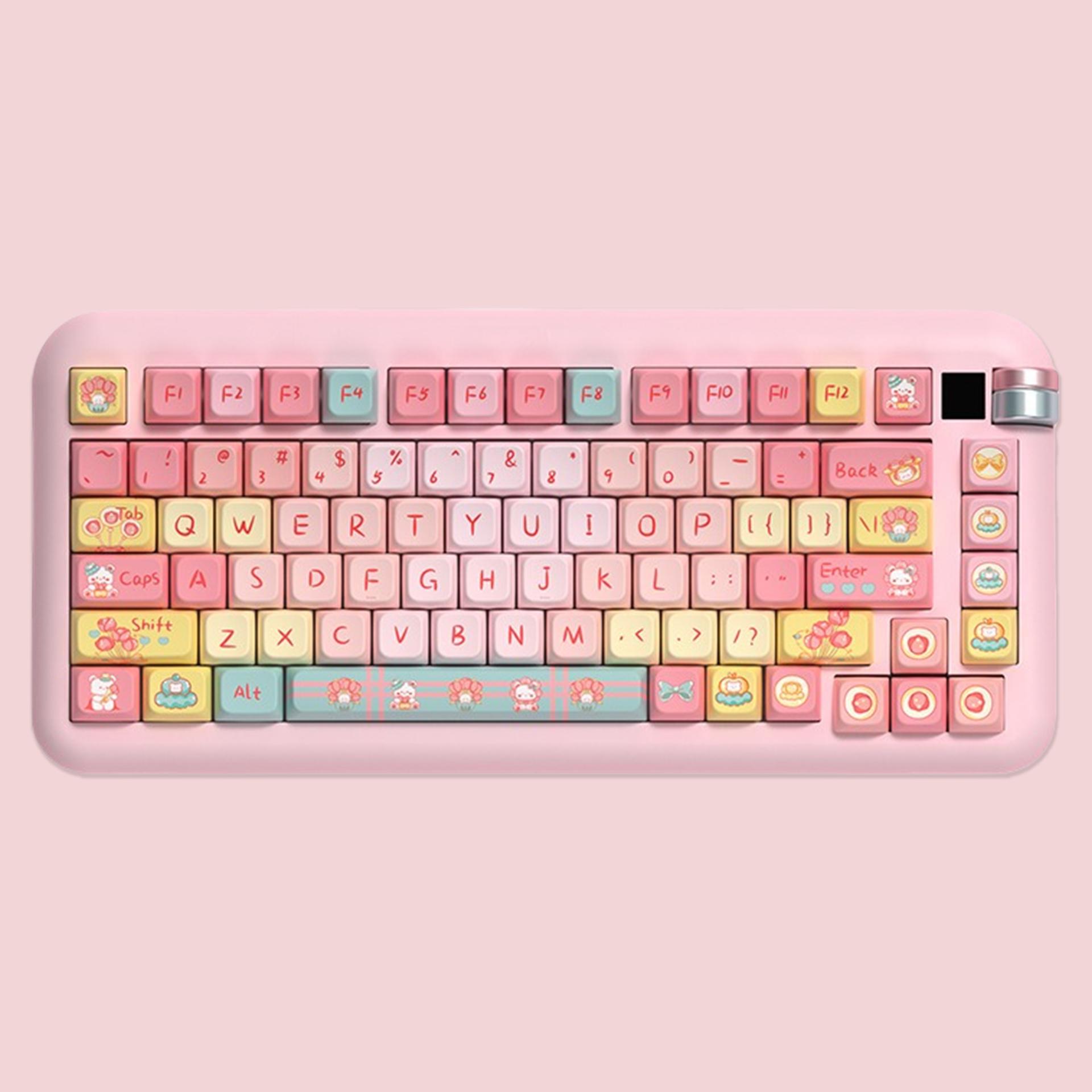 Cute Tulip Bear Keycaps Set, Pink Flower Keycaps Set, MDA Layout Artisan Keycaps, Mechanical ...