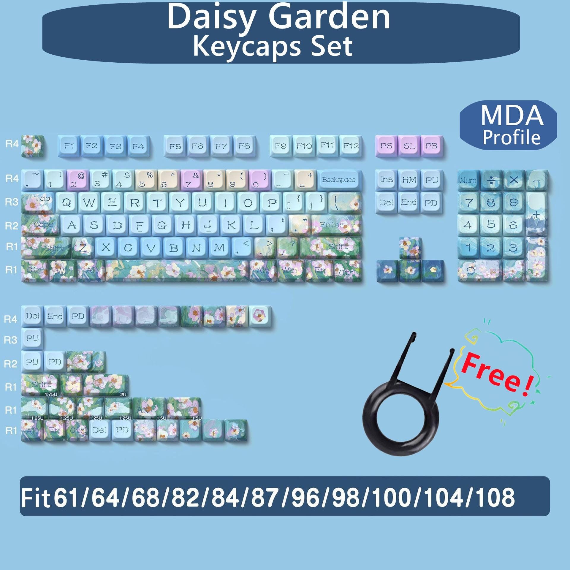 Daisy Blue Keycaps Set, Flowers Keycaps Set, PBT MDA 138 Artisan ...