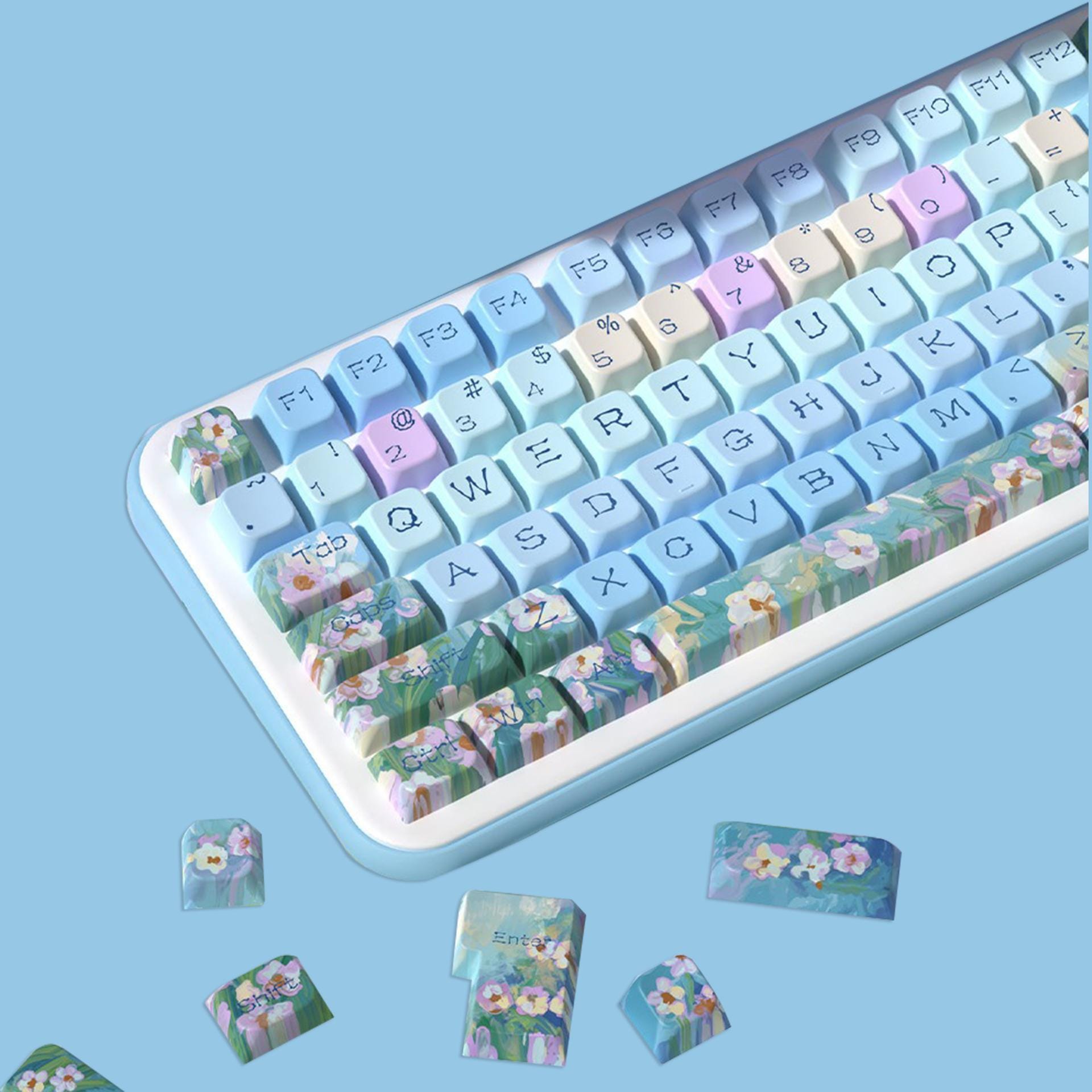 Daisy Blue Keycaps Set, Flowers Keycaps Set, PBT MDA 138 Artisan ...