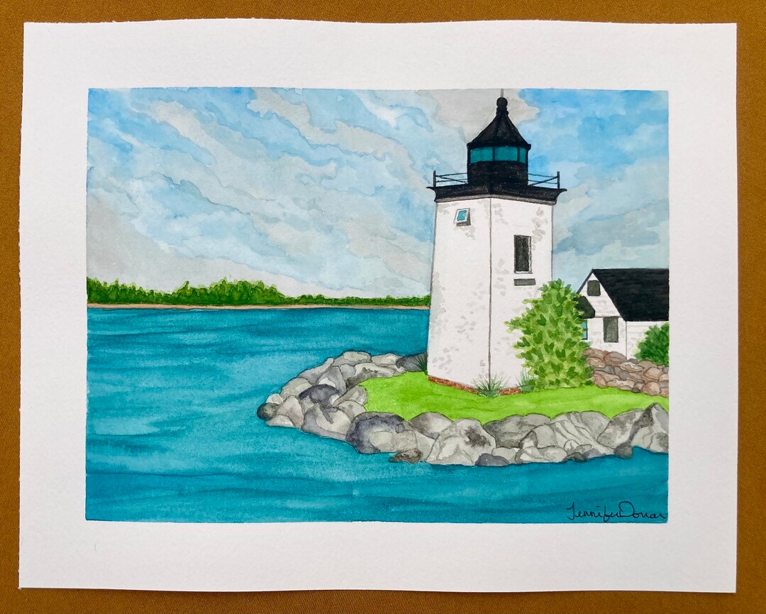 Grindle Point Lighthouse in Islesboro, Maine. Watercolor Hand Painted ...