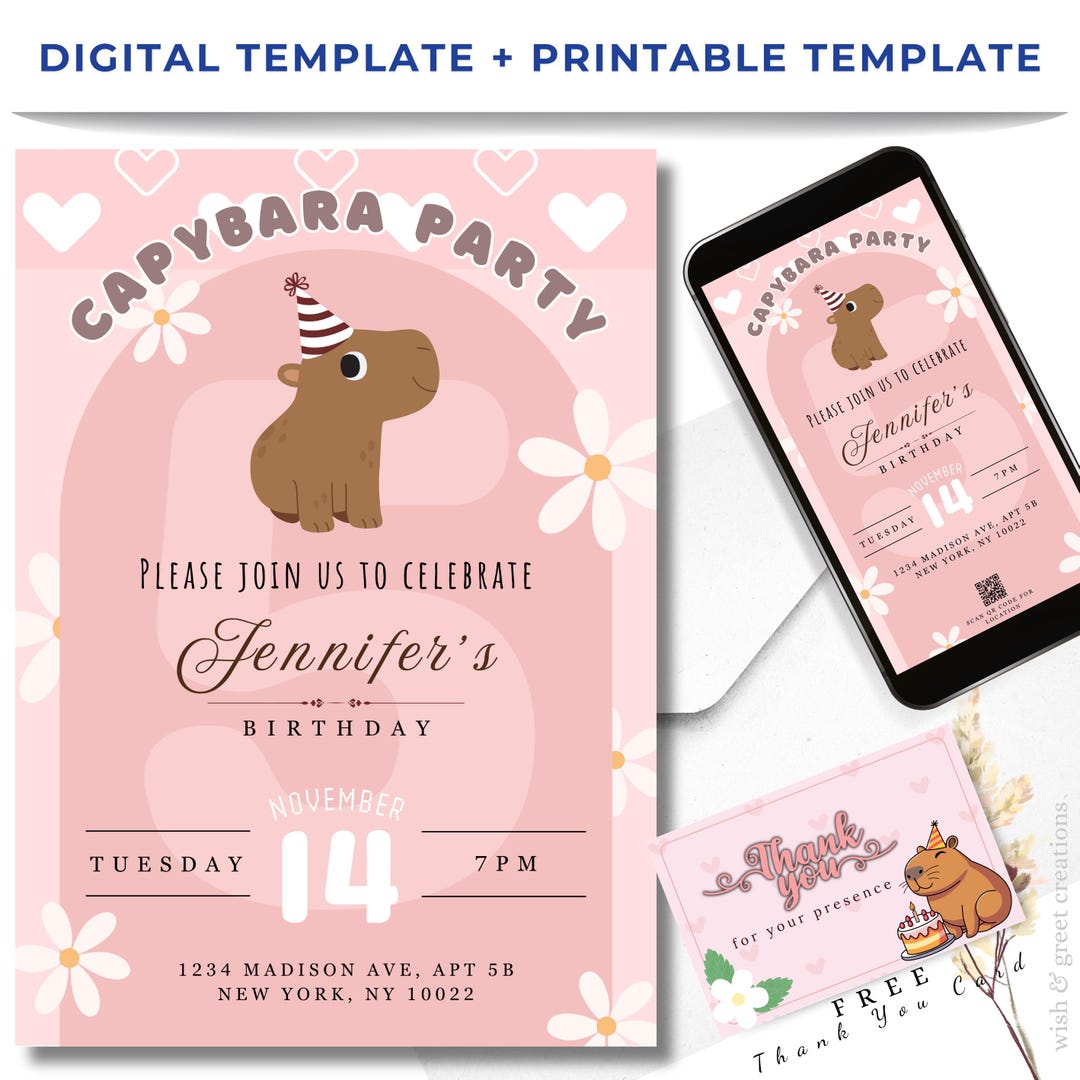 Editable Capybara Birthday Invitation | Digital Invitation Template ...