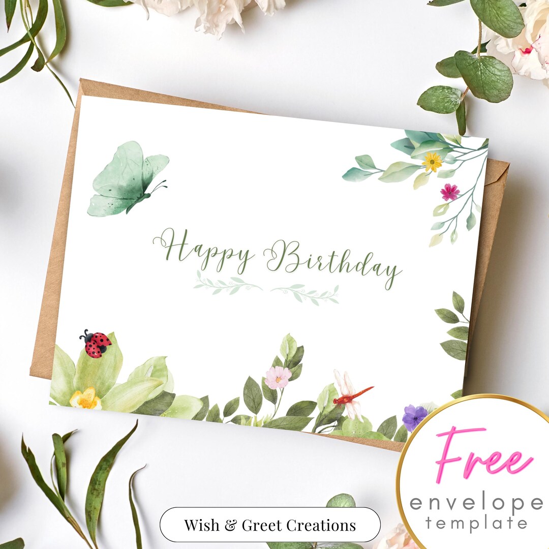 Green Floral Happy Birthday Card | Digital Download Watercolor Flowers ...