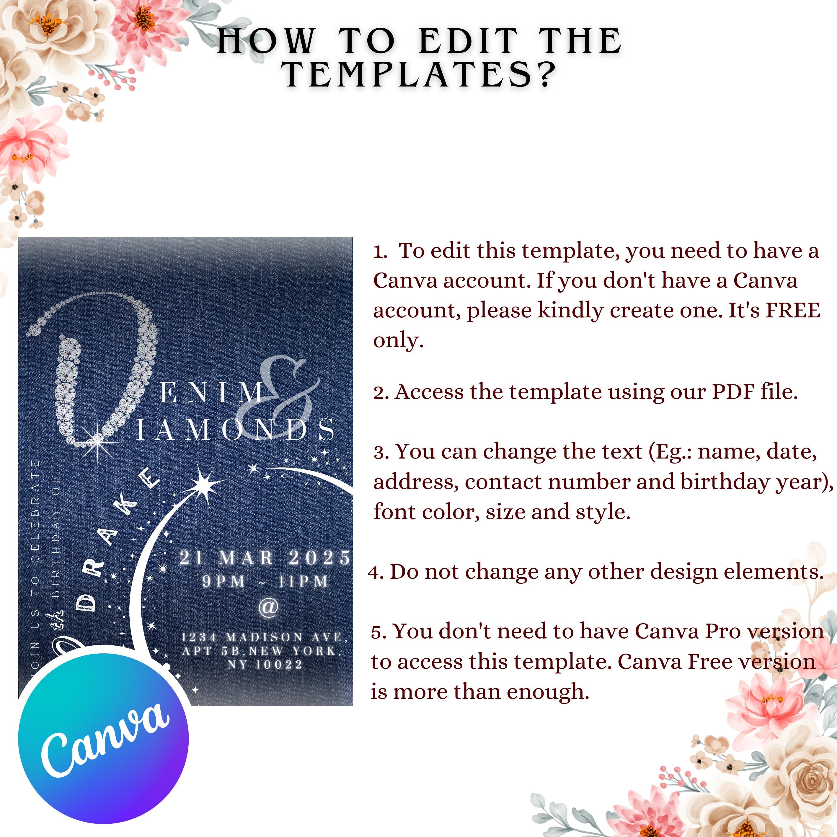 Editable Denim and Diamonds Invitation Birthday Card | Digital Download ...