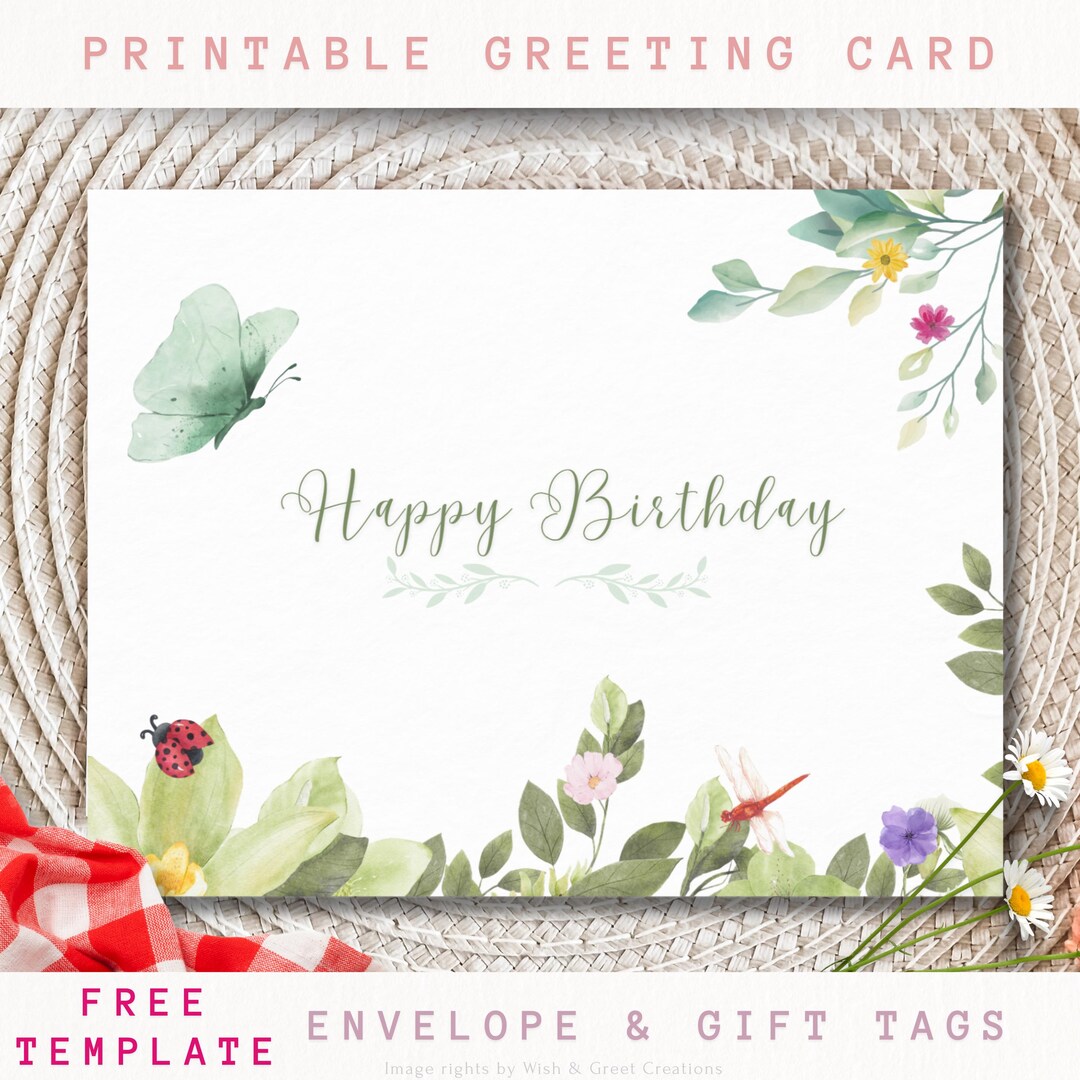 Green Floral Happy Birthday Card | Digital Download Watercolor Flowers ...