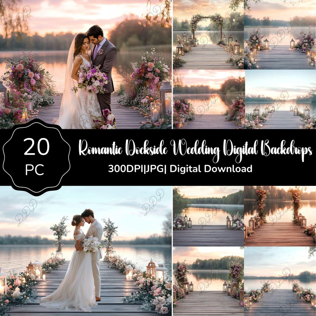 Romantic Dockside Wedding Digital Backdrops, Lakeside Floral Arch ...
