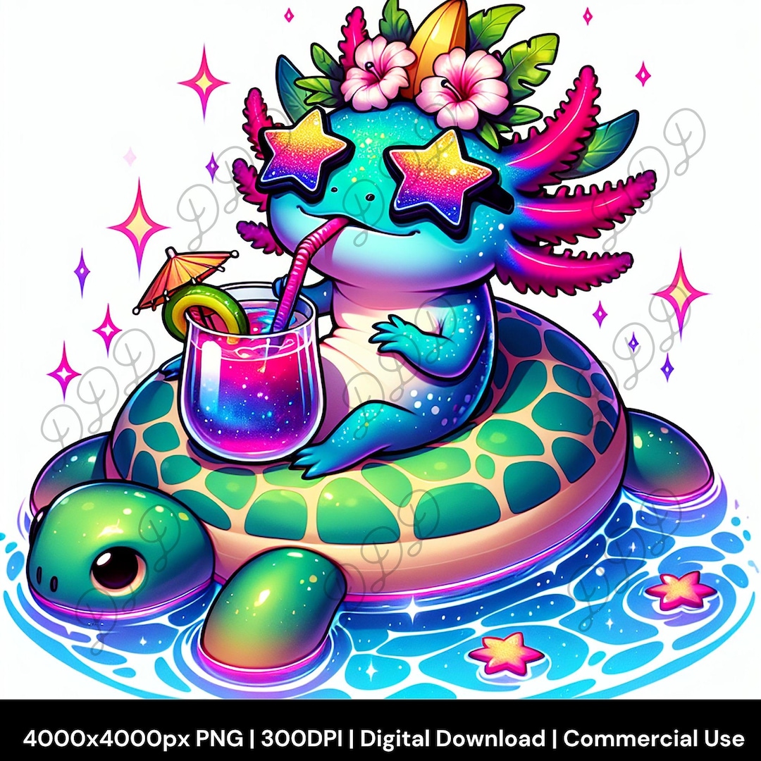 Tropical Kawaii Axolotl PNG, Turtle Floatie, Summer Sublimation PNG ...