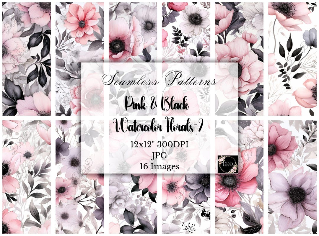 Pink & Black Watercolor Floral Digital Paper: Seamless Patterns ...