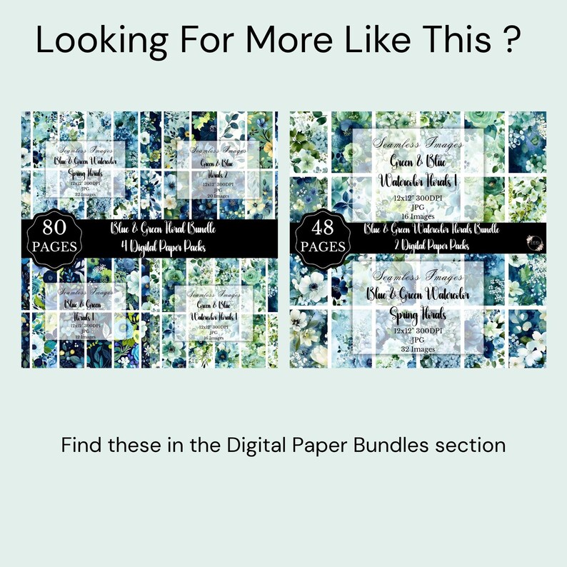 Blue & Green Floral Digital Paper: Pack, 32 JPG Seamless Patterns ...