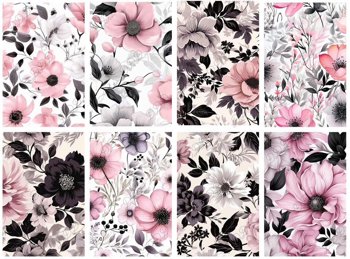 Pink & Black Watercolor Floral Digital Paper: Seamless Patterns ...