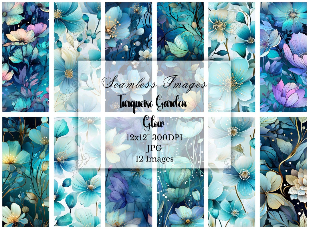 Turquoise Watercolor Floral Digital Paper, Teal Aqua Flowers, 12 ...