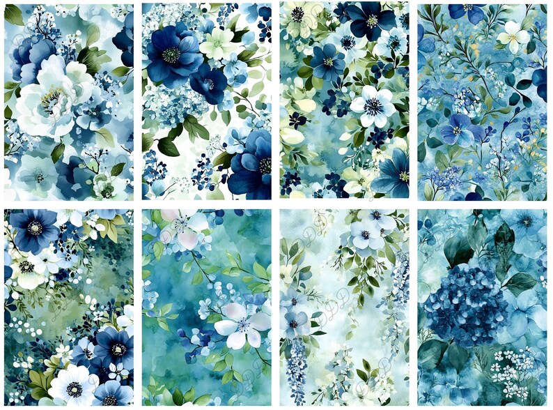 Blue & Green Floral Digital Paper: Pack, 32 JPG Seamless Patterns ...