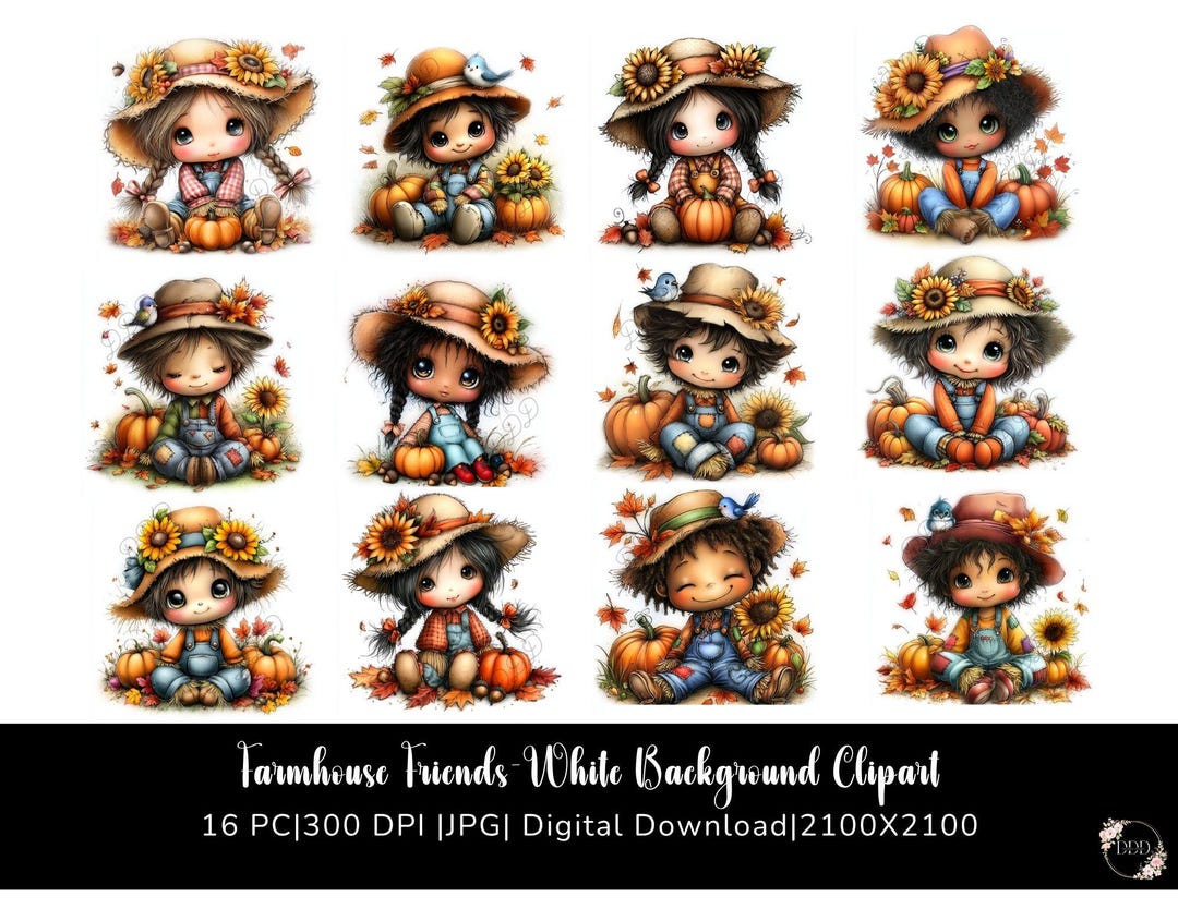 Fall Scarecrow Clipart: Rustic Autumn Harvest Graphics, White ...