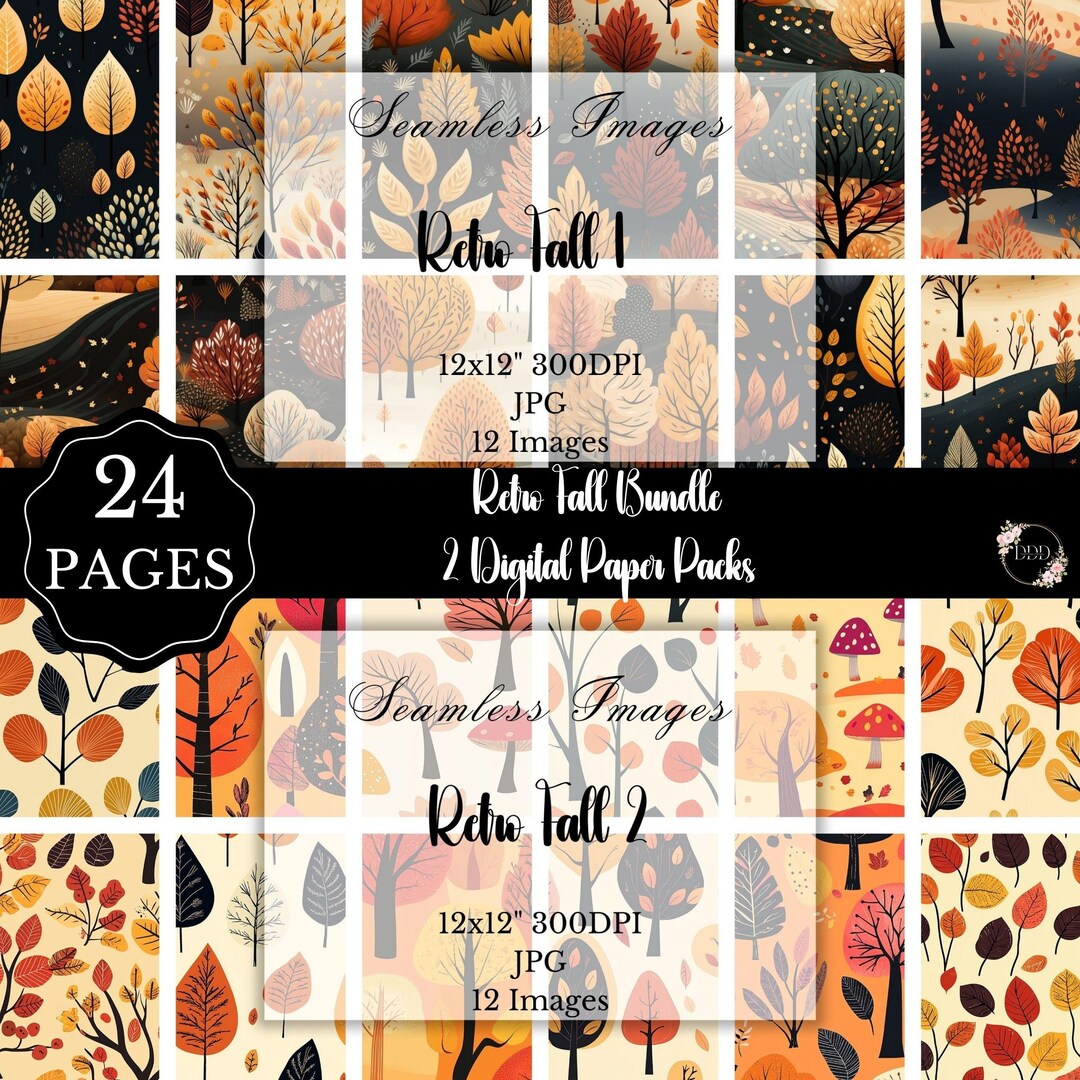 Retro Fall Digital Paper Bundle, Autumn Leaves Patterns, 24 JPG ...