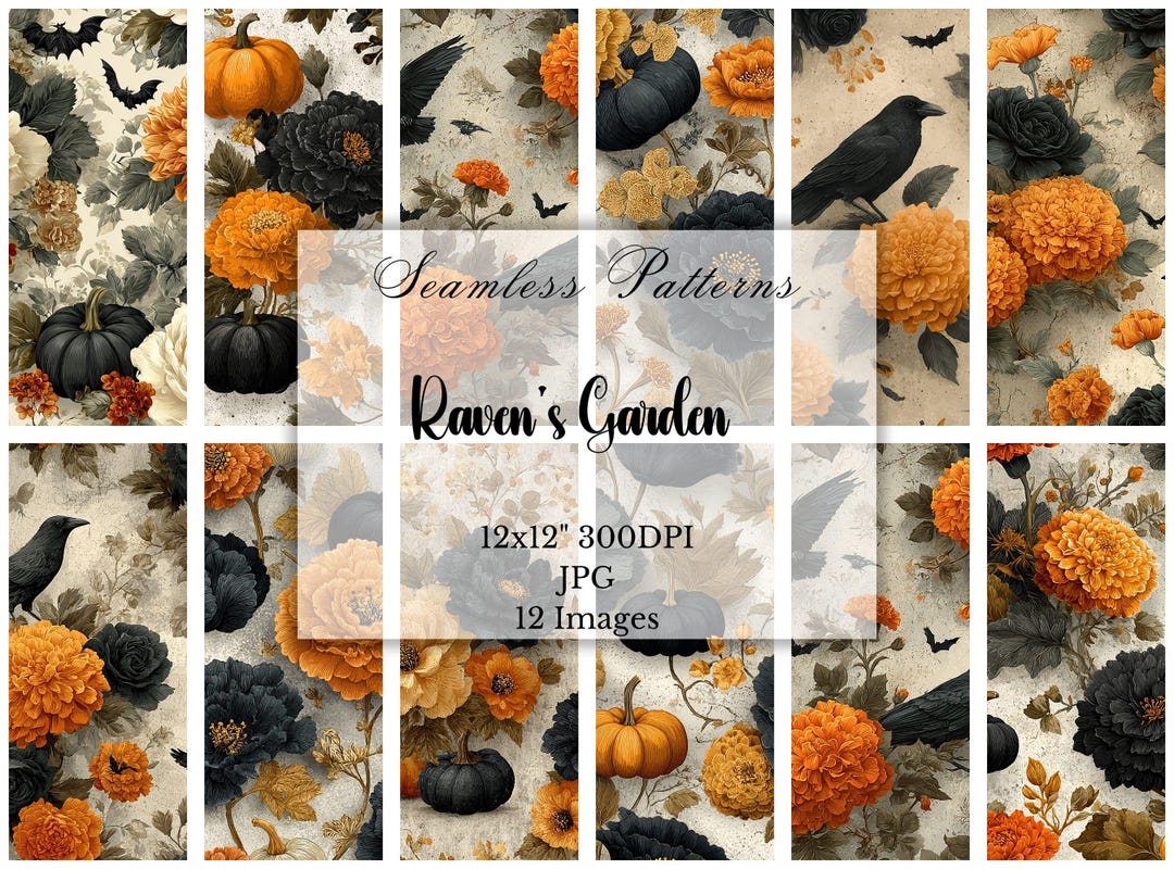 Black & Orange Gothic Floral Digital Paper: Halloween Floral ...