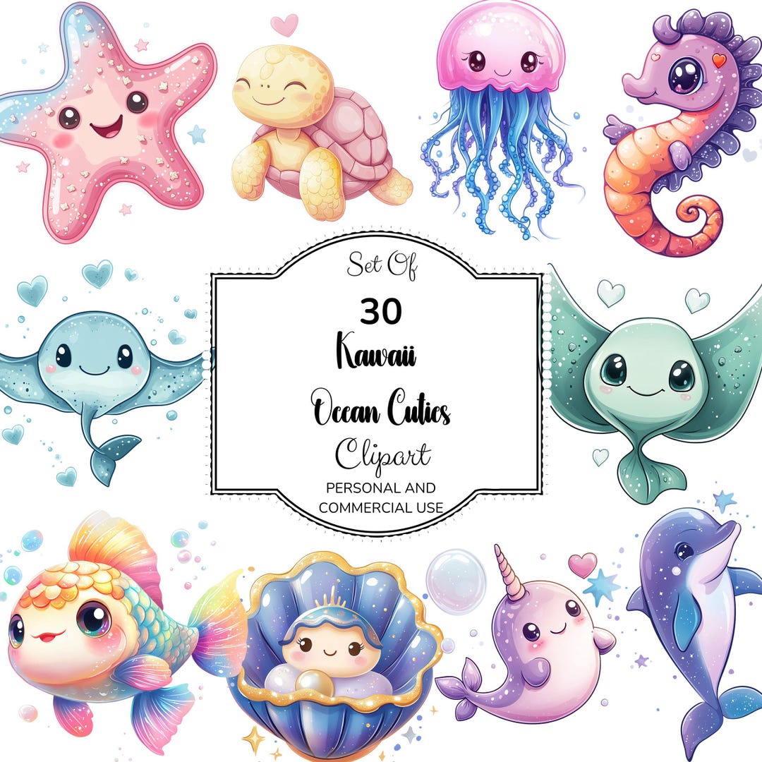 Kawaii Ocean Animals Clipart, 30 Cute Sea Creatures Sublimation Pngs ...