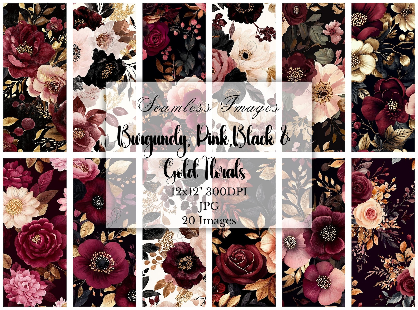 Burgundy, Pink, Black, Gold Floral Digital Paper: Seamless Patterns ...