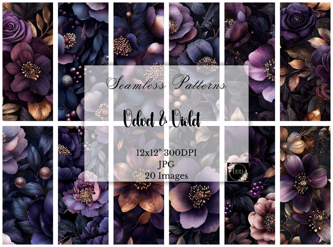 Purple Floral Digital Paper: Dark Moody Textures, Seamless Patterns ...