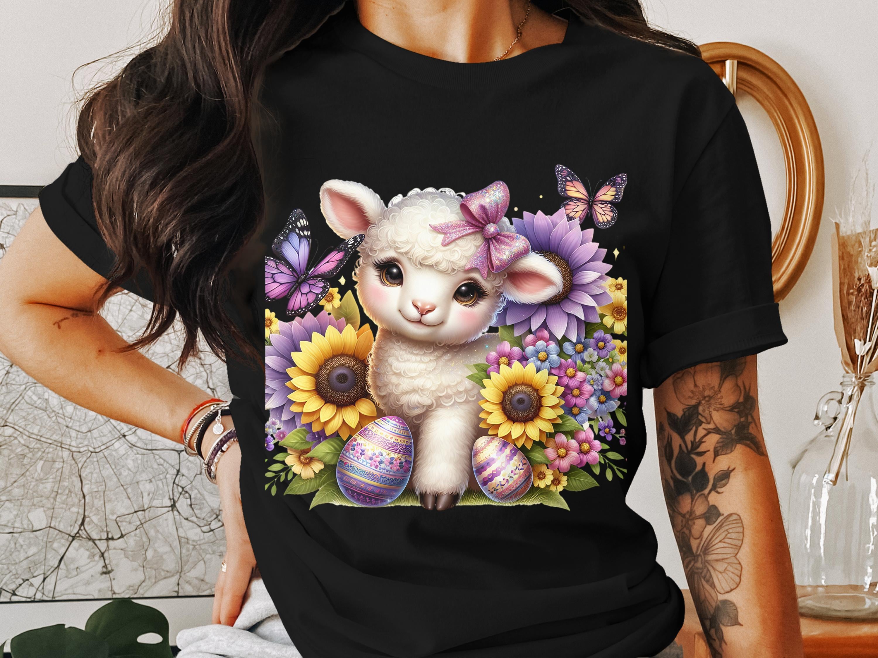 Cute Lamb Easter PNG, Spring Sunflowers Glitter Eggs & Butterflies ...