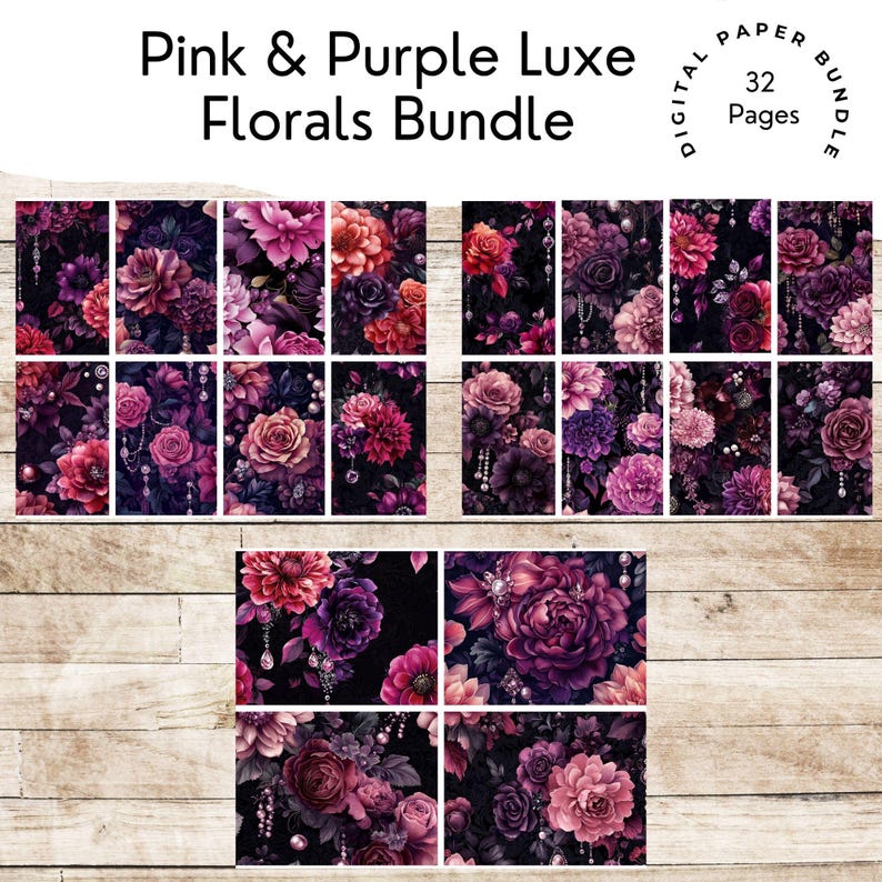 Pink & Purple Floral Digital Paper Bundle: Dark Luxe Floral Seamless ...