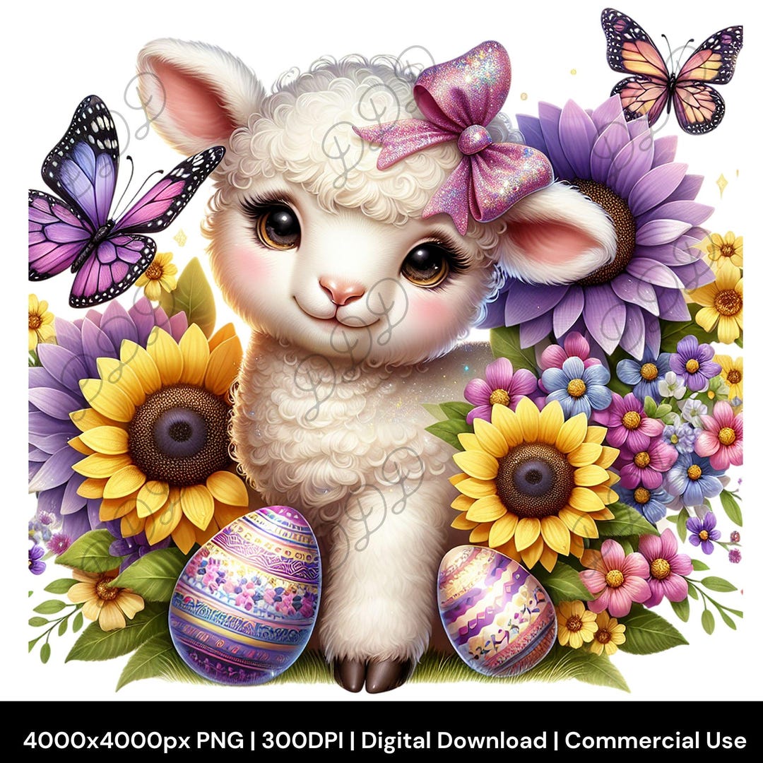 Cute Lamb Easter PNG, Spring Sunflowers Glitter Eggs & Butterflies ...