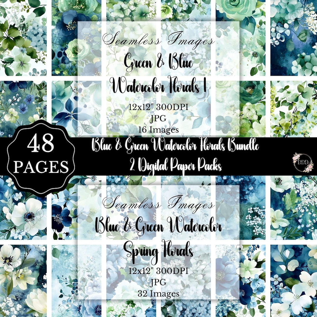 Green & Blue Watercolor Floral Digital Paper Bundle: Soft Botanical, 48 ...