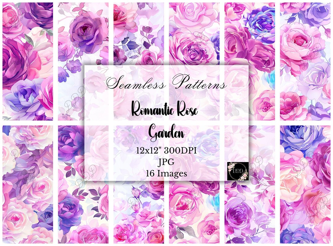 Romantic Purple & Pink Floral Digital Paper: Rose Garden Seamless ...