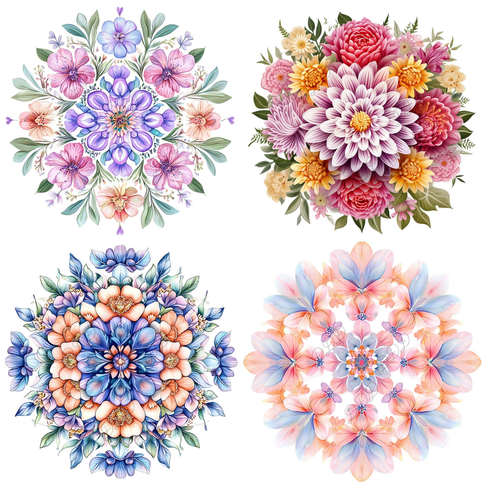 Spring Floral Mandalas Clipart Set, 40 PNG Files, Digital Download ...