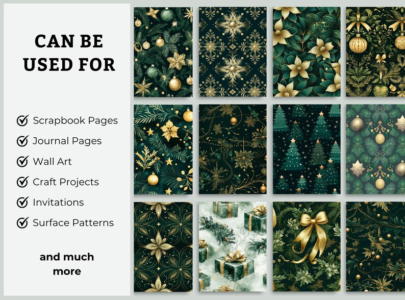 Green & Gold Christmas Digital Paper: Tree + Ornaments Backgrounds ...