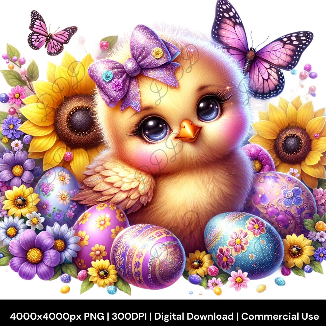 Cute Easter Baby Chick PNG, Butterfly Easter Eggs Sunflowers, Digital ...