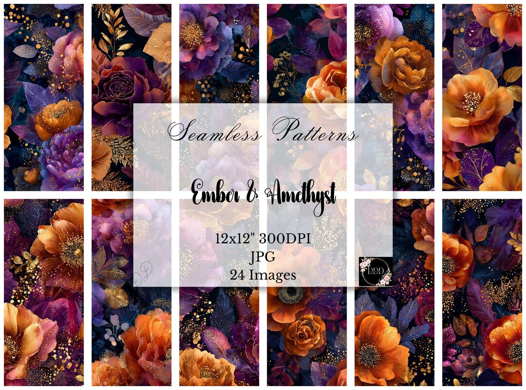 Purple Orange & Gold Floral Digital Paper: Dark Fall Florals, Seamless ...