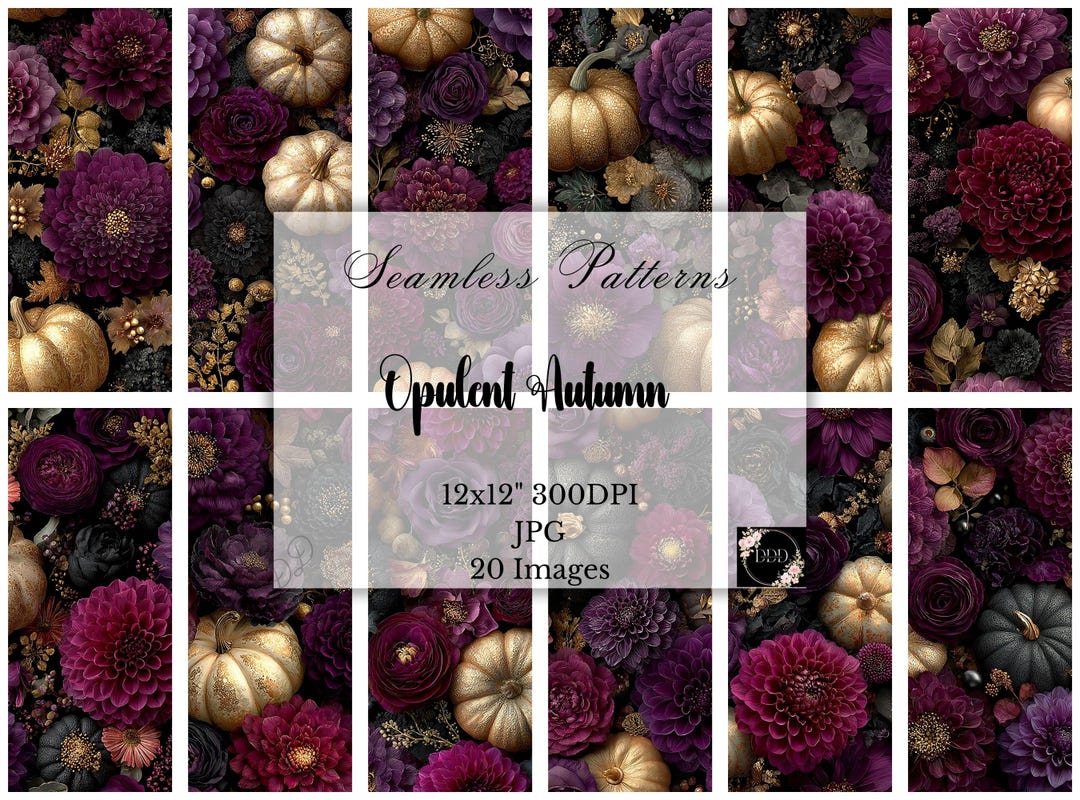 Autumn Digital Paper: Dark Glam Fall Florals, Gothic Gold Pumpkins ...