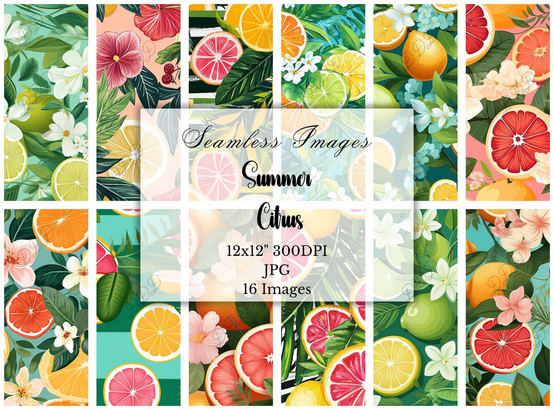 Summer Citrus Digital Paper, Vibrant Tropical Fruit, Commercial Use ...