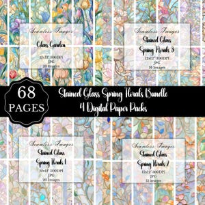 Stained Glass Spring Florals Digital Paper Bundle: 68 Seamless Patterns ...
