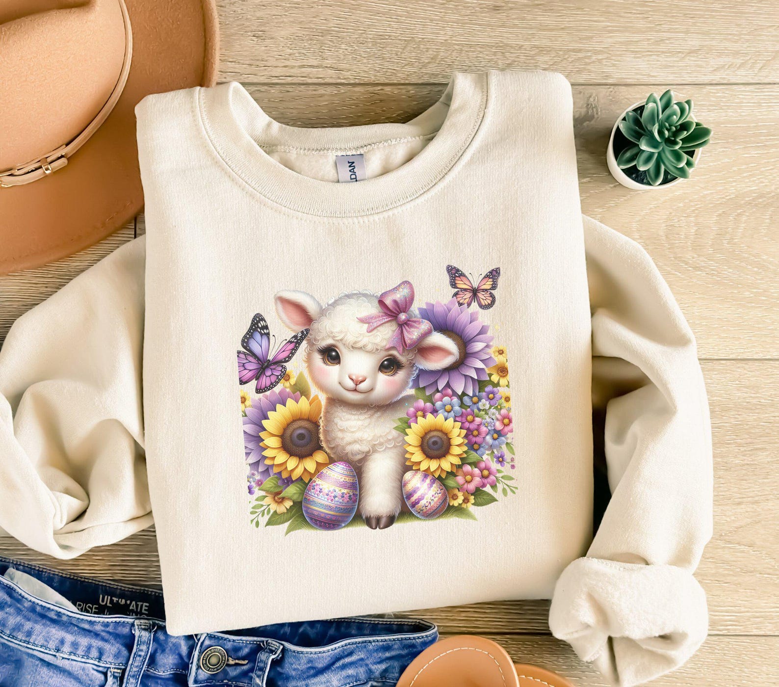 Cute Lamb Easter PNG, Spring Sunflowers Glitter Eggs & Butterflies ...