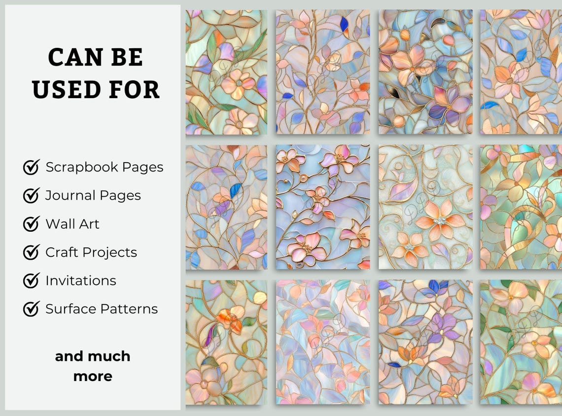Stained Glass Spring Florals Digital Paper Bundle: 68 Seamless Patterns ...