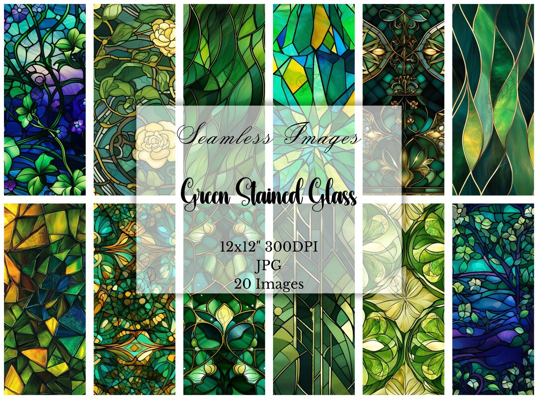 Green Stained Glass Digital Paper Pack, Floral, Abstract, Journal Pages ...